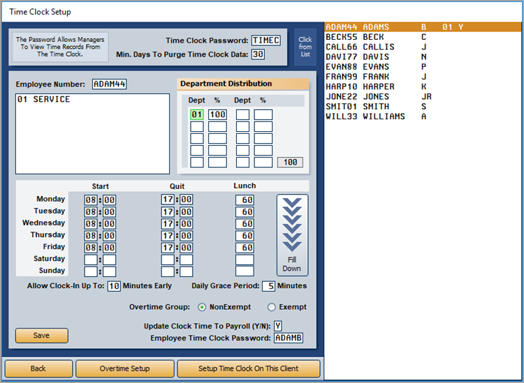Entering Time Clock Setup