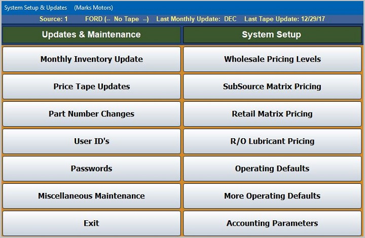 Opening the Parts Inventory System Setup