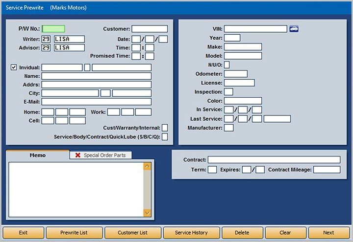 Using the Service Prewrites Screen without a Quick Scheduler