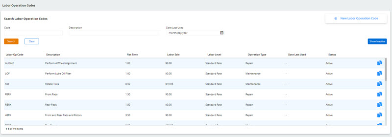 Go - View the Labor Operation Codes Table