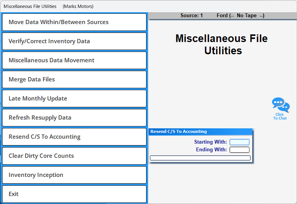 Resending a Parts Counter Slip to Accounting Integrated Parts Sales Screen